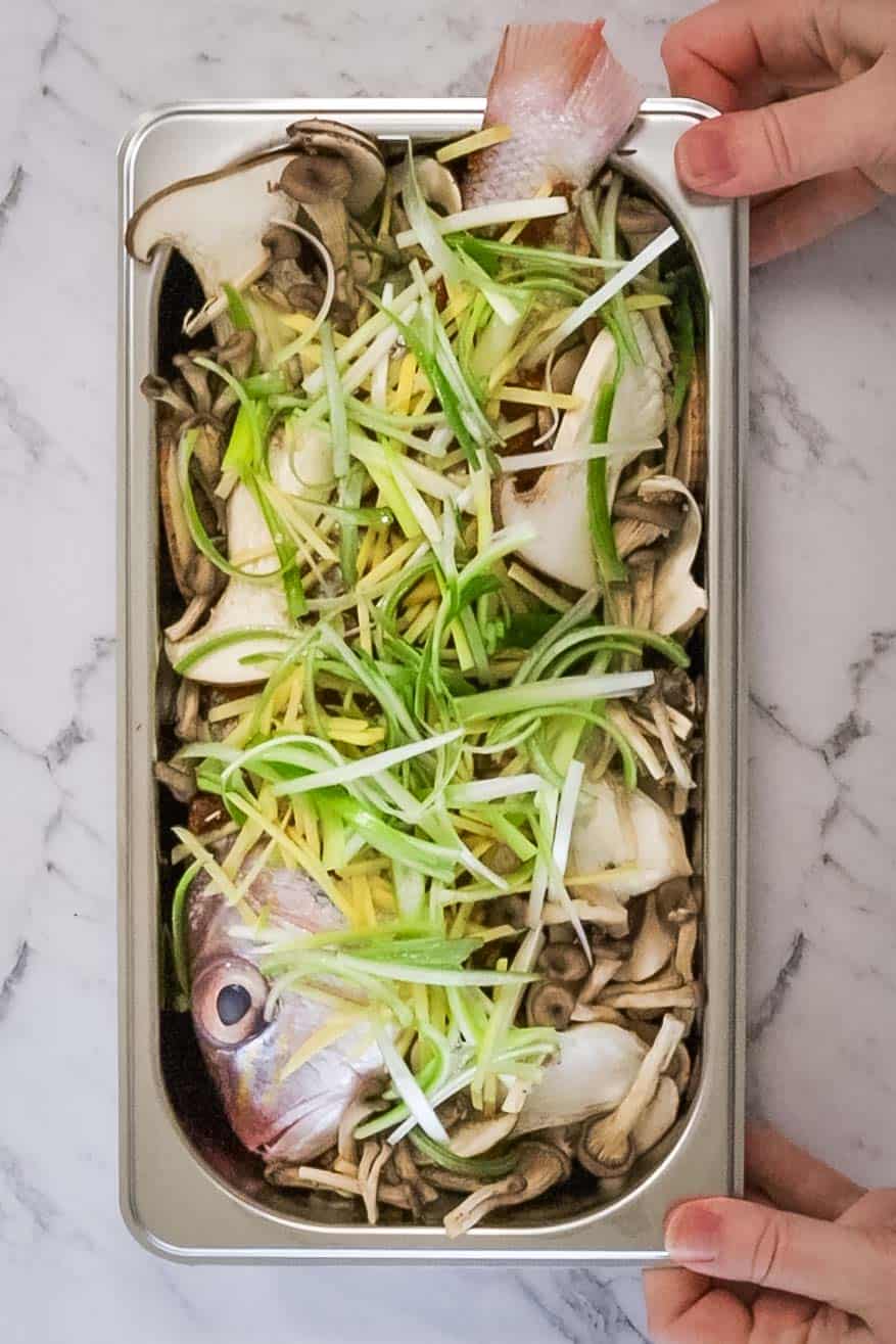 Whole Vietnamese Steamed Fish with Scallions and Mushrooms - Steam & Bake