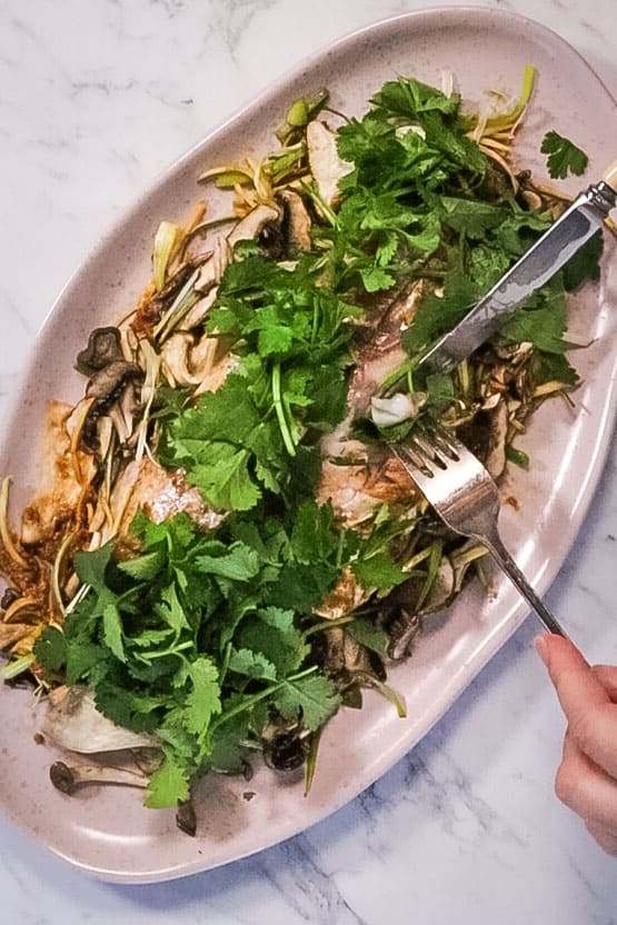 Whole Vietnamese Steamed Fish with Scallions and Mushrooms - Steam & Bake